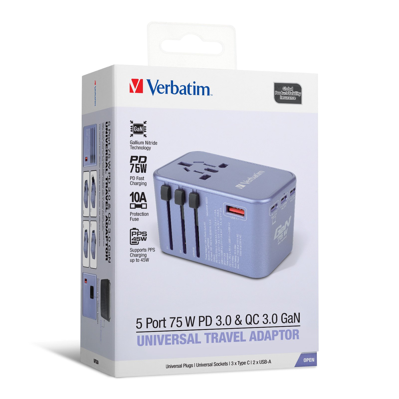 Verbatim 5 Port PD 3.0 75W GAN Travel Adaptor 通用旅行轉插 (紫色) 旅行轉換插頭, 電池 / 充電器