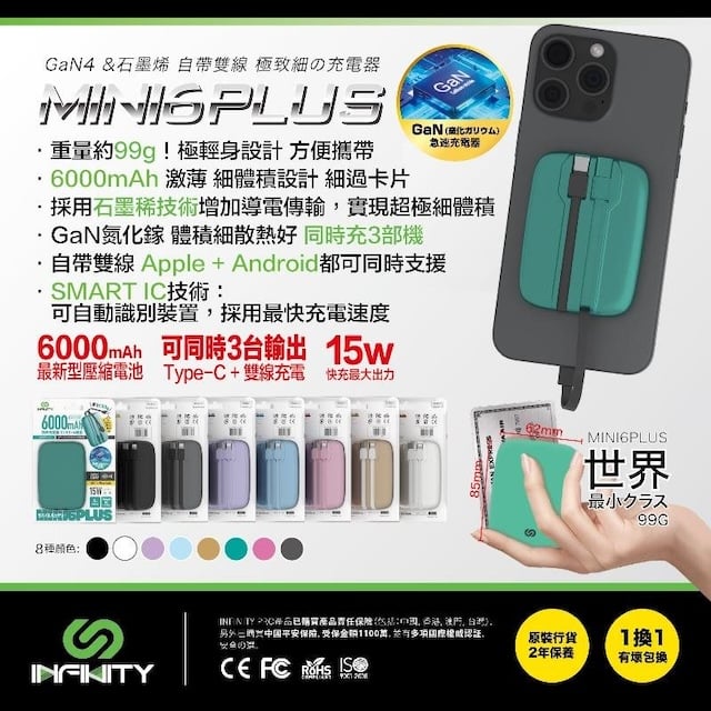 Infinity Mini-6 PLUS GAN 6000MAH 自帶線充電器 (藍色) 行動電源, 裝備魔感謝祭